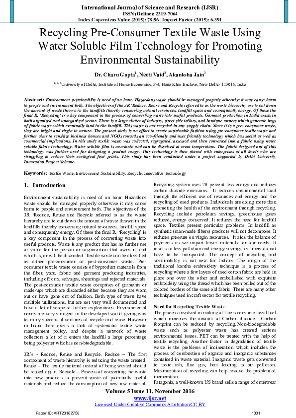 (PDF) Recycling Pre-Consumer Textile Waste Using Water Soluble Film ...