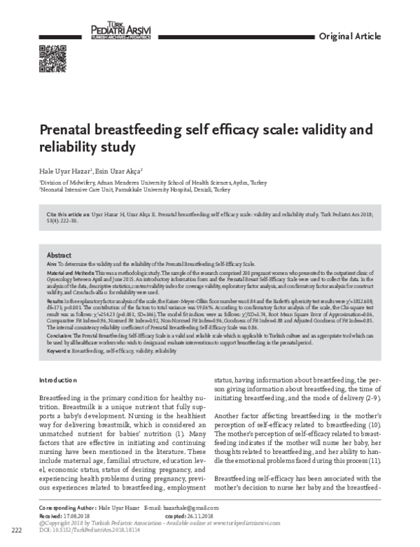 (PDF) Prenatal breastfeeding self efficacy scale: validity and ...