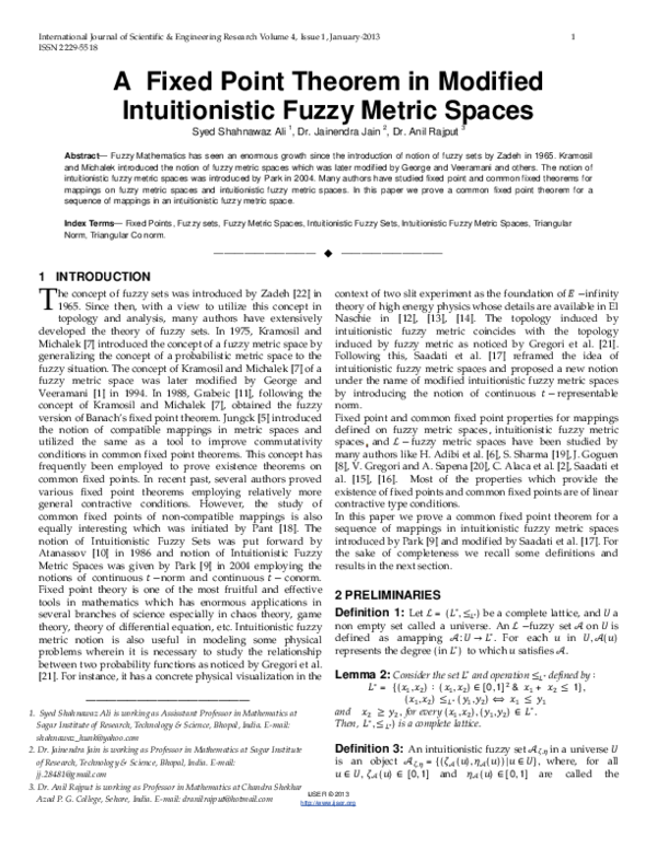(PDF) A Fixed Point Theorem in Modified Intuitionistic Fuzzy Metric Spaces