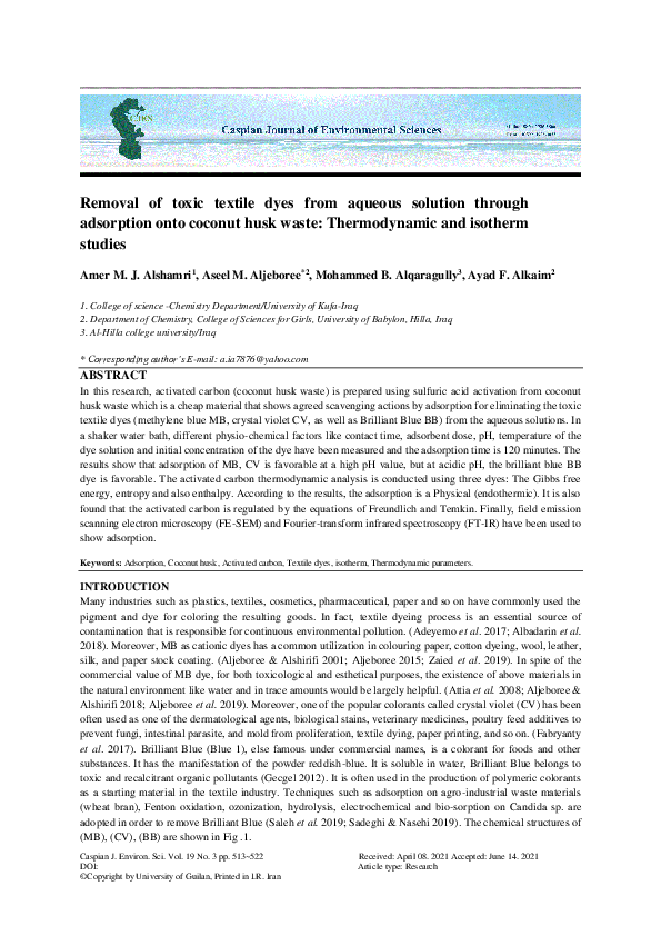 (PDF) Removal of toxic textile dyes from aqueous solution through adsorption onto coconut husk ...