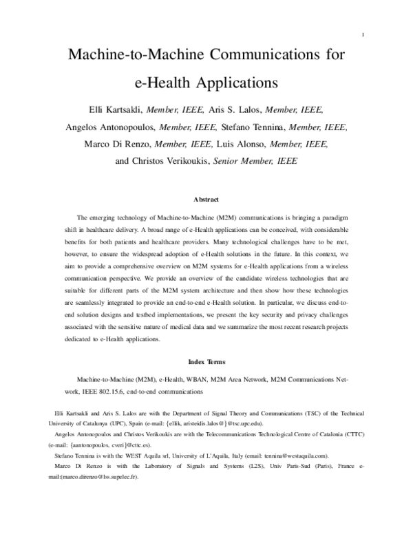 (PDF) Machine–to–Machine Communications for E-Health Applications