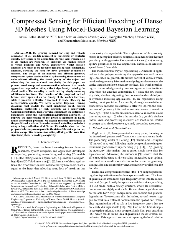 (PDF) Compressed sensing for efficient encoding of dense 3D Meshes using model based Bayesian ...