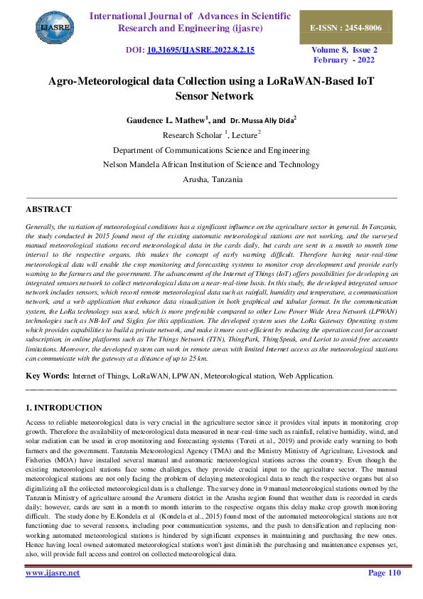 (PDF) Agro - Meteorological data Collection using a LoRaWAN - Based IoT Sensor Network