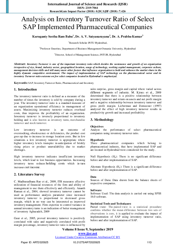 (PDF) Analysis on Inventory Turnover Ratio of Select SAP Implemented ...