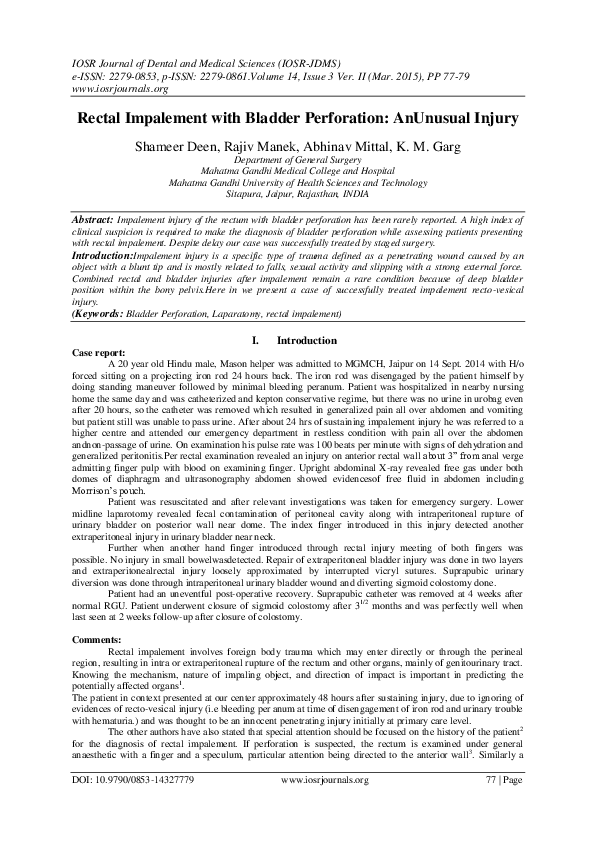 (PDF) Rectal Impalement with Bladder Perforation: AnUnusual Injury ...