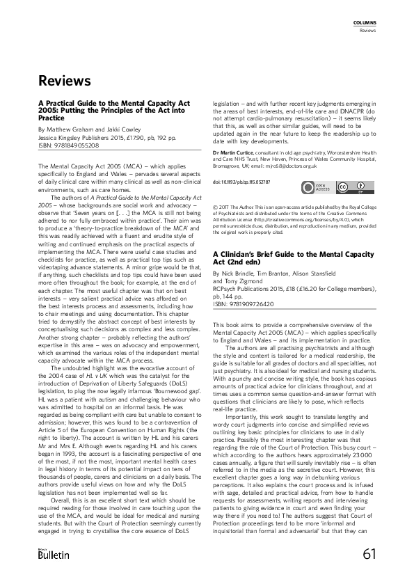(PDF) A Practical Guide to the Mental Capacity Act 2005 : Putting the ...