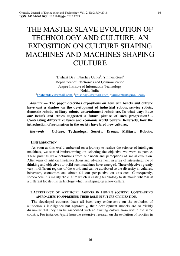 (PDF) The Master Slave Evolution of Technology and Culture: An ...