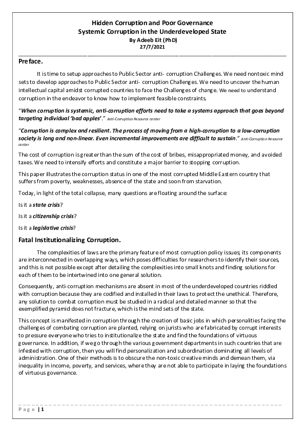 (PDF) Approaches to Public Sector Corruption revised