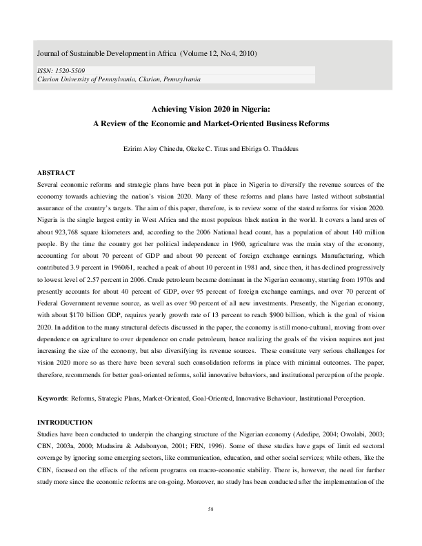 (PDF) Achieving Vision 2020 in Nigeria: A Review of the Economic and ...