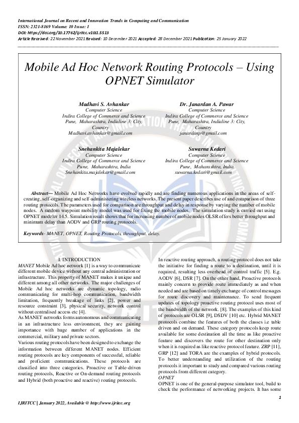 (PDF) Mobile Ad Hoc Network Routing Protocols – Using OPNET Simulator