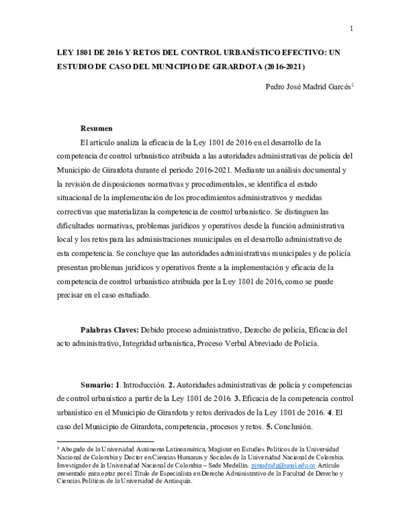 (PDF) LEY 1801 DE 2016 Y RETOS DEL CONTROL URBANÍSTICO EFECTIVO: UN ...