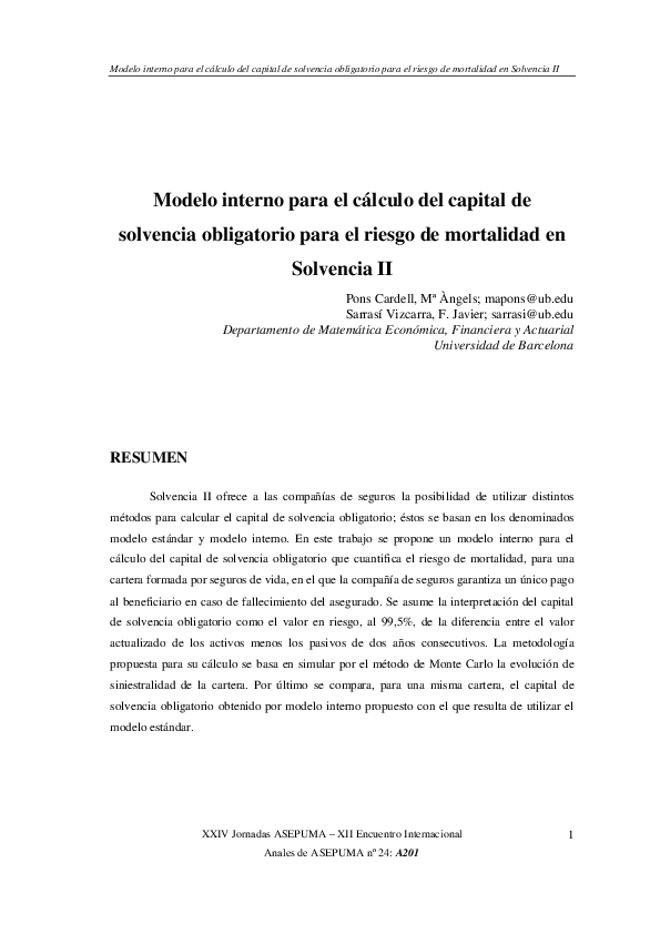 (PDF) Modelo Interno para el cálculo del capital de solvencia obligatorio para el riesgo de ...