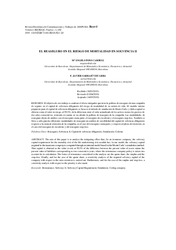 (PDF) El reaseguro en el riesgo de mortalidad en Solvencia II
