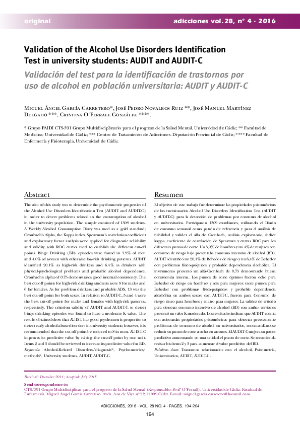 (PDF) Validation of the Alcohol Use Disorders Identification Test in ...