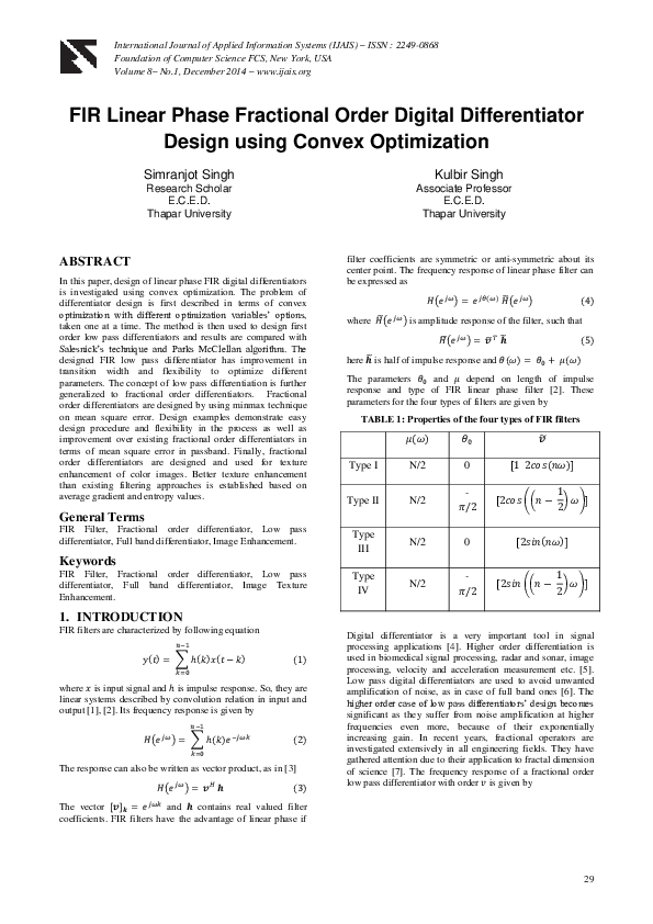 (PDF) FIR Linear Phase Fractional Order Digital Differentiator Design using Convex Optimization