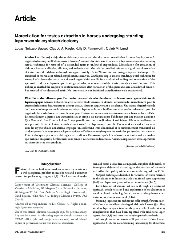 (PDF) Morcellation for testes extraction in horses undergoing standing ...