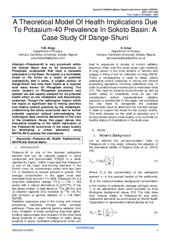 (PDF) A Theoretical Model Of Health Implications Due To Potasium-40 ...