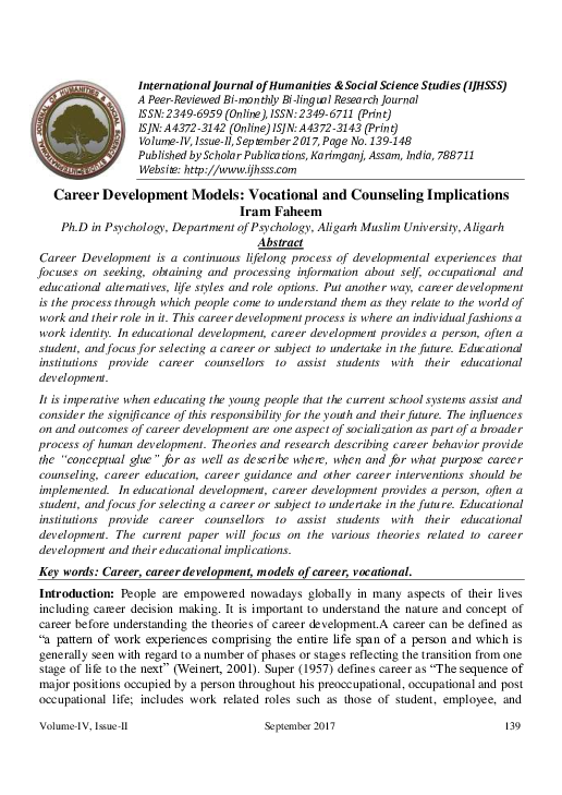 (PDF) Career Development Models: Vocational and Counseling Implications