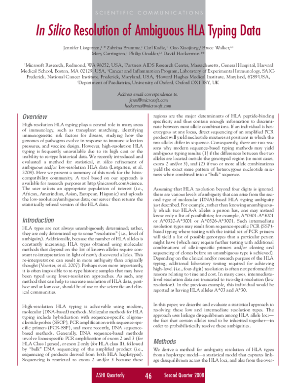 (PDF) SCIENTIFIC COMMUNICATIONS In Silico Resolution of Ambiguous HLA ...
