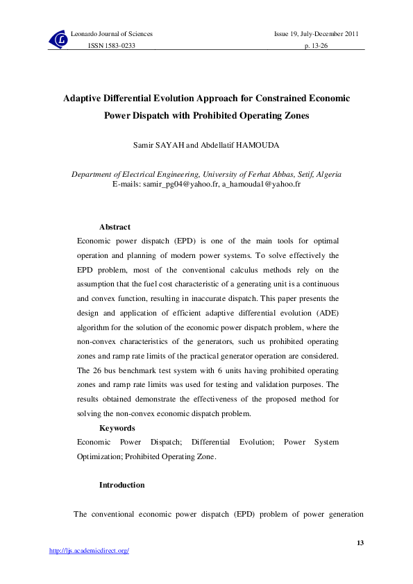 (PDF) Adaptive Differential Evolution Approach for Constrained Economic ...