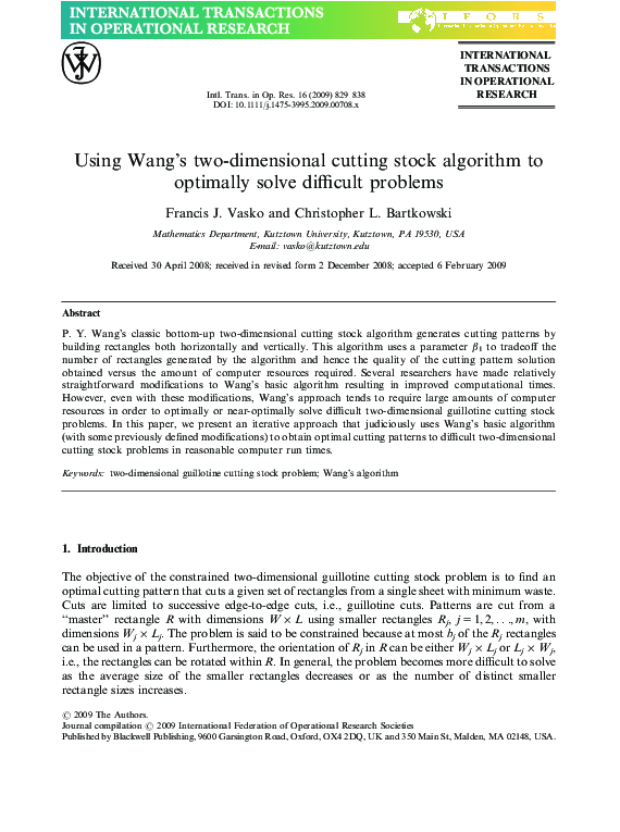 (PDF) Using Wang's two-dimensional cutting stock algorithm to optimally solve difficult problems