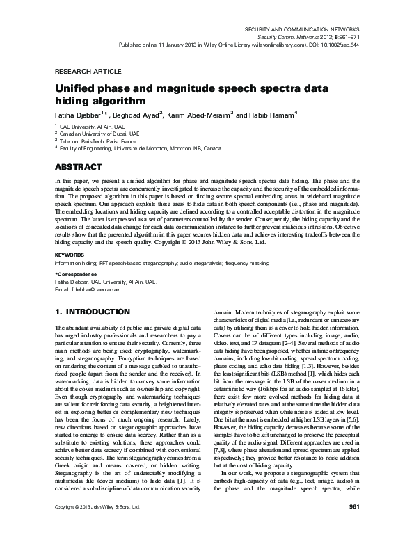 (PDF) Unified phase and magnitude speech spectra data hiding algorithm
