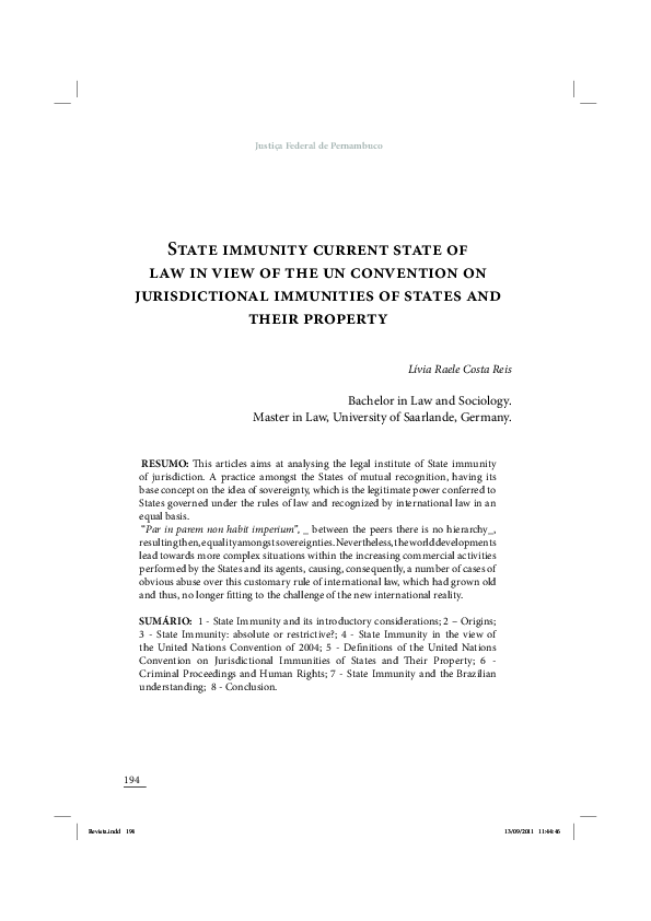 (PDF) State Immunity Current State of Law in View of the Un Convention ...