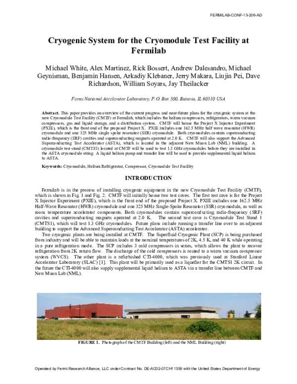 (PDF) Cryogenic system for the Cryomodule Test Facility at Fermilab