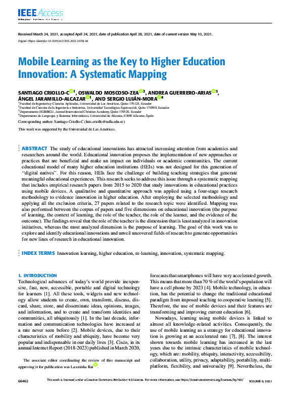 Pdf Mobile Learning As The Key To Higher Education Innovation A Systematic Mapping