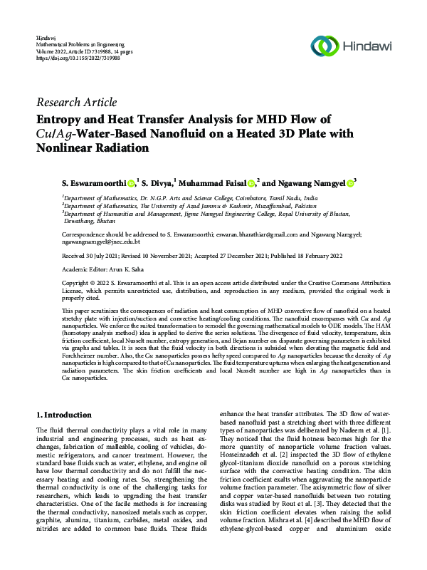 (PDF) Entropy and Heat Transfer Analysis for MHD Flow of Cu/Ag-Water-Based Nanofluid on a Heated ...