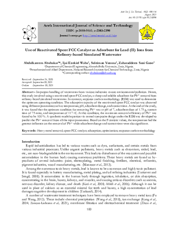 (PDF) Use of Reactivated Spent FCC Catalyst as Adsorbent for Lead (II ...