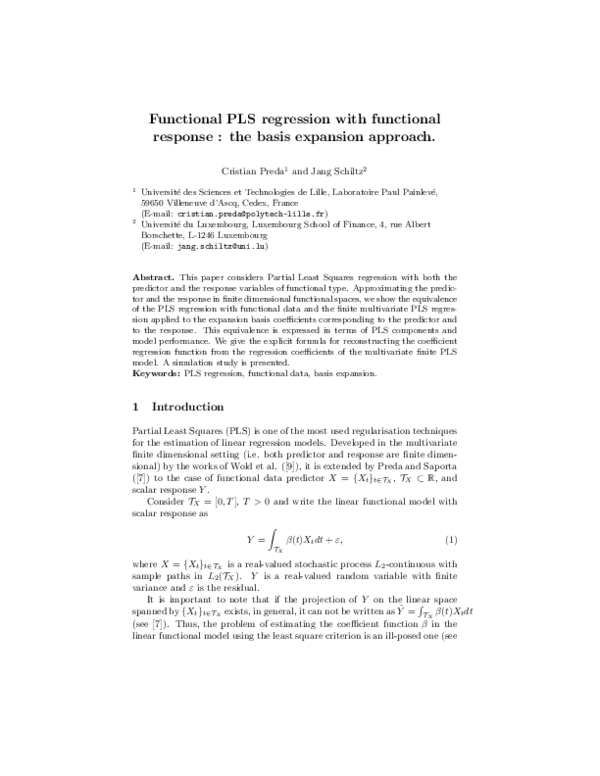 (PDF) Functional PLS regression with functional response: the basis expansion approach