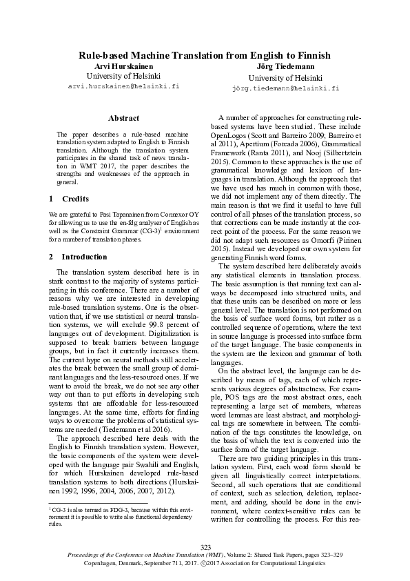 (PDF) Rule-based Machine translation from English to Finnish