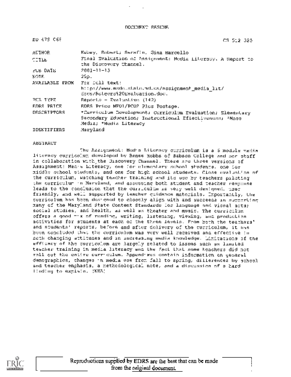 (PDF) Final Evaluation of Assignment: Media Literacy. A Report to the ...