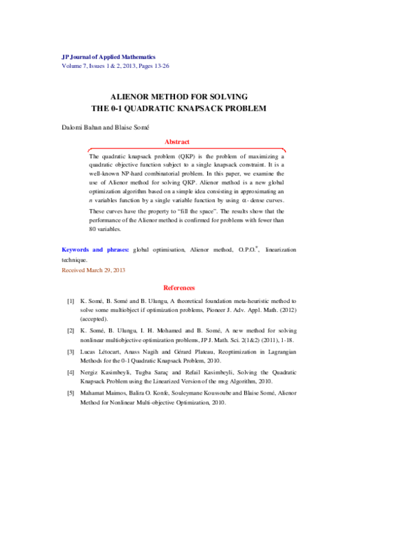 Pdf The 0 1 Quadratic Knapsack Problem