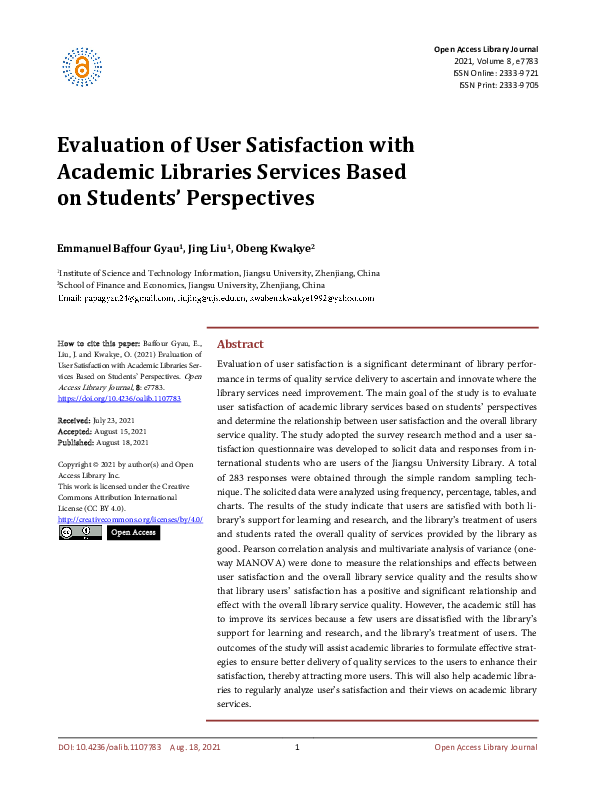 (PDF) Evaluation of User Satisfaction with Academic Libraries Services Based on Students ...