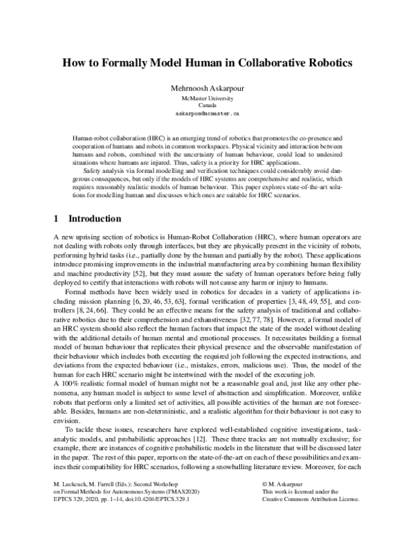 (PDF) How to Formally Model Human in Collaborative Robotics