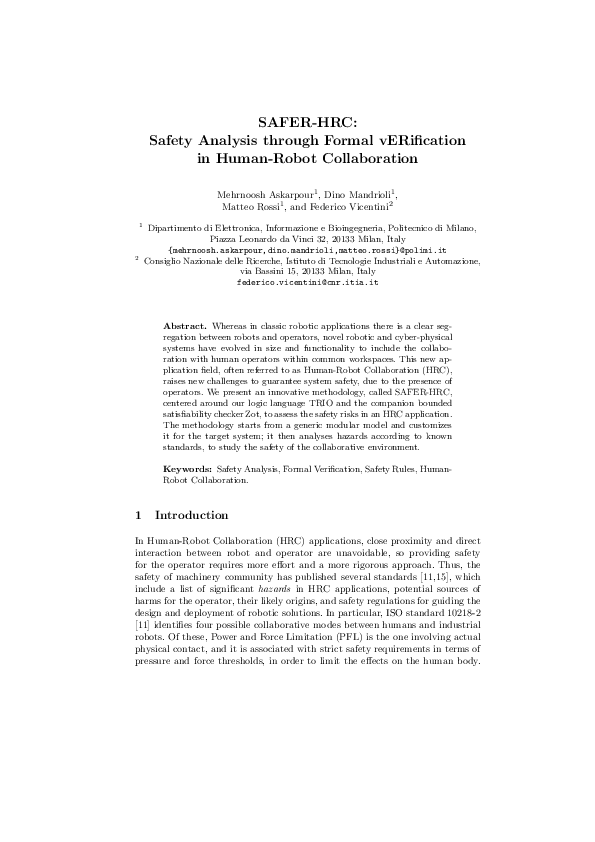 Pdf Safer Hrc Safety Analysis Through Formal Verification In Human Robot Collaboration