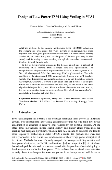 (PDF) Design of Low Power FSM Using Verilog in VLSI