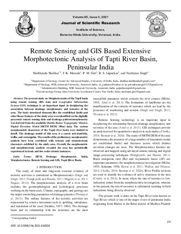 Pdf Remote Sensing And Gis Based Extensive Morphotectonic Analysis Of