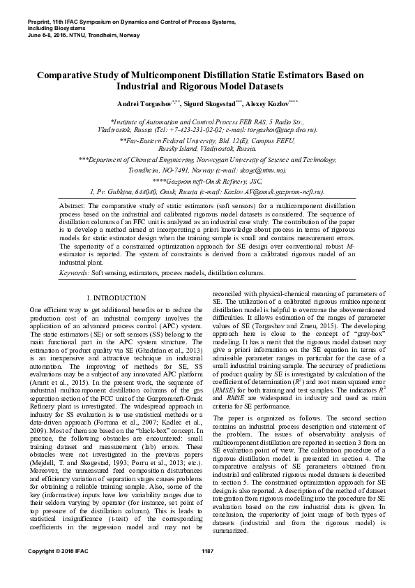 (PDF) Comparative Study of Multicomponent Distillation Static Estimators Based on Industrial and ...