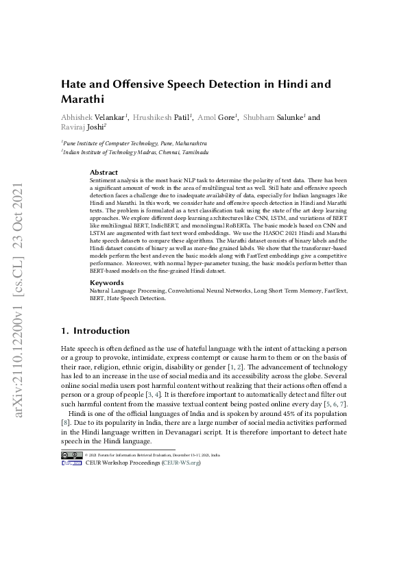 (PDF) Hate and Offensive Speech Detection in Hindi and Marathi