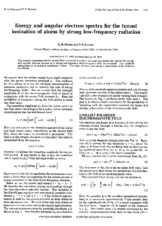 (PDF) Energy and angular electron spectra for the tunnel ionization of ...