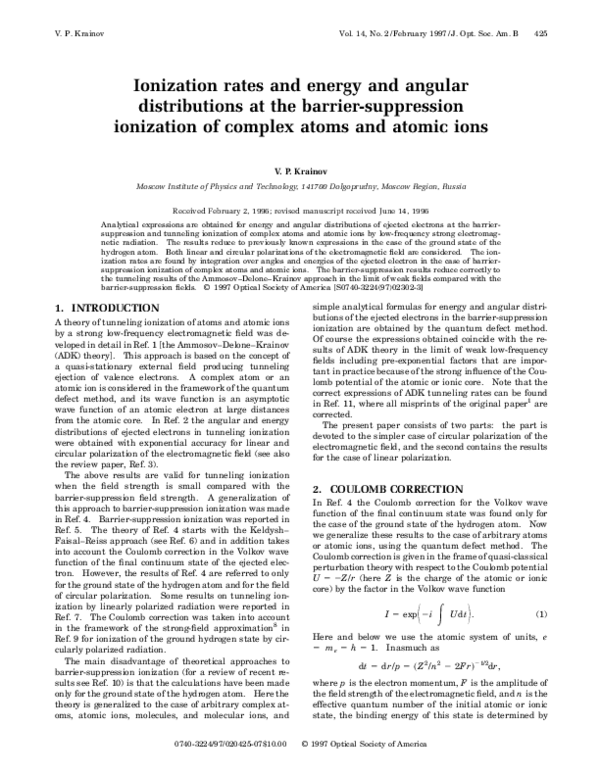 (PDF) Ionization rates and energy and angular distributions at the ...