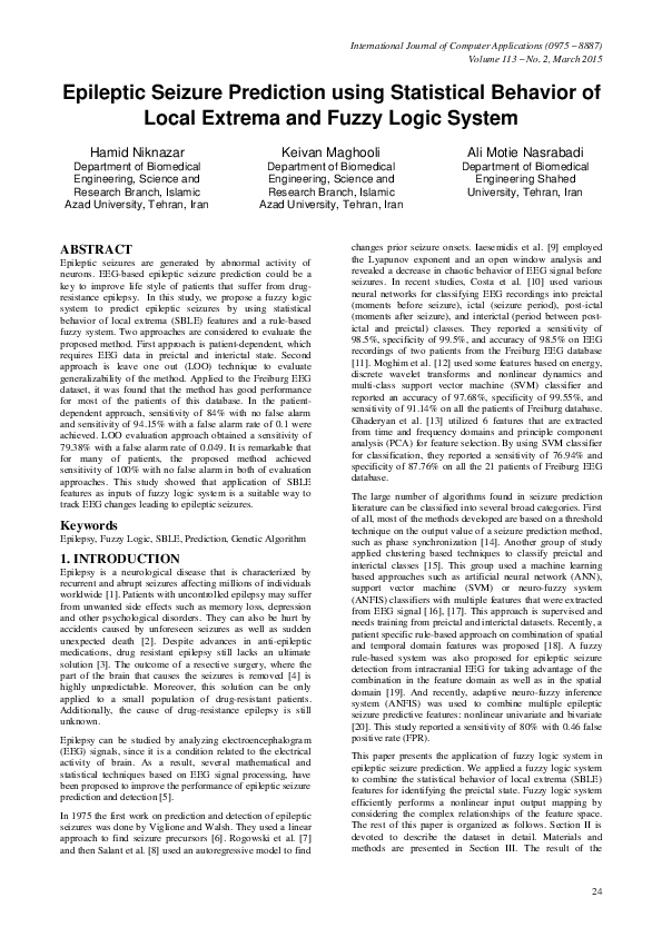 Pdf Epileptic Seizure Prediction Using Statistical Behavior Of Local