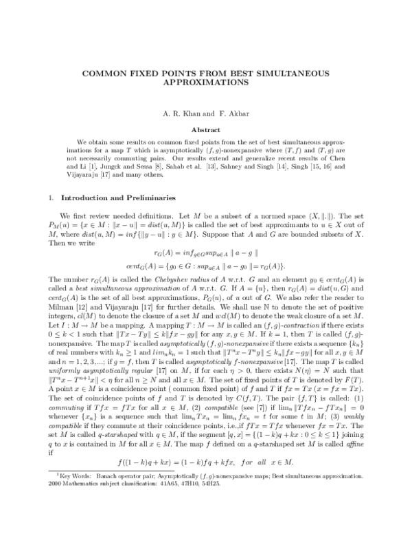 Pdf Common Fixed Points From Best Simultaneous Approximations Abdul