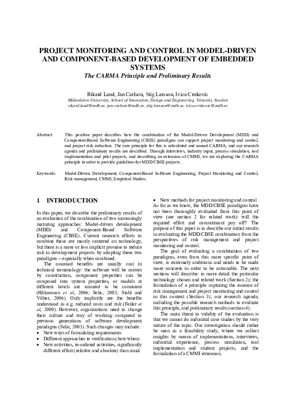 (PDF) PROJECT MONITORING AND CONTROL IN MODEL-DRIVEN AND COMPONENT-BASED DEVELOPMENT OF EMBEDDED ...