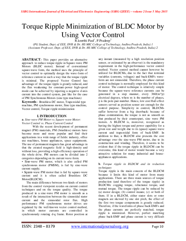 Pdf Torque Ripple Minimization Of Bldc Motor By Using Vector Control