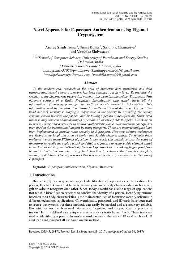 (PDF) Novel Approach for E-passport Authentication using Elgamal Cryptosystem