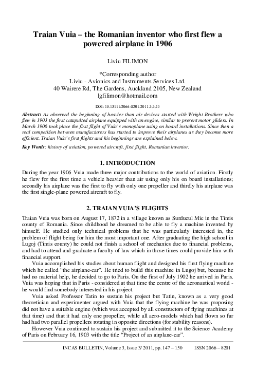 (PDF) Traian Vuia – the Romanian inventor who first flew a powered ...